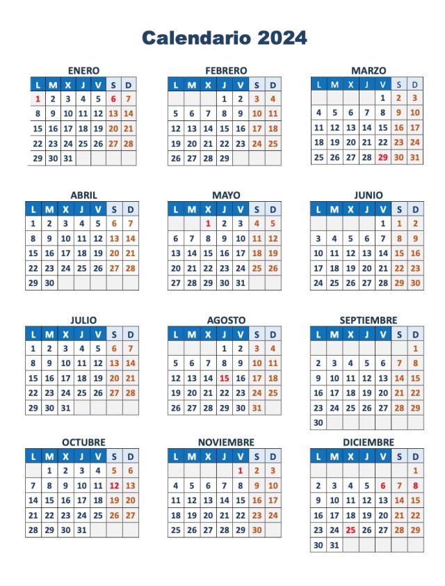 Calendario 2024 para imprimir o descargar gratis PDF, Word Excel